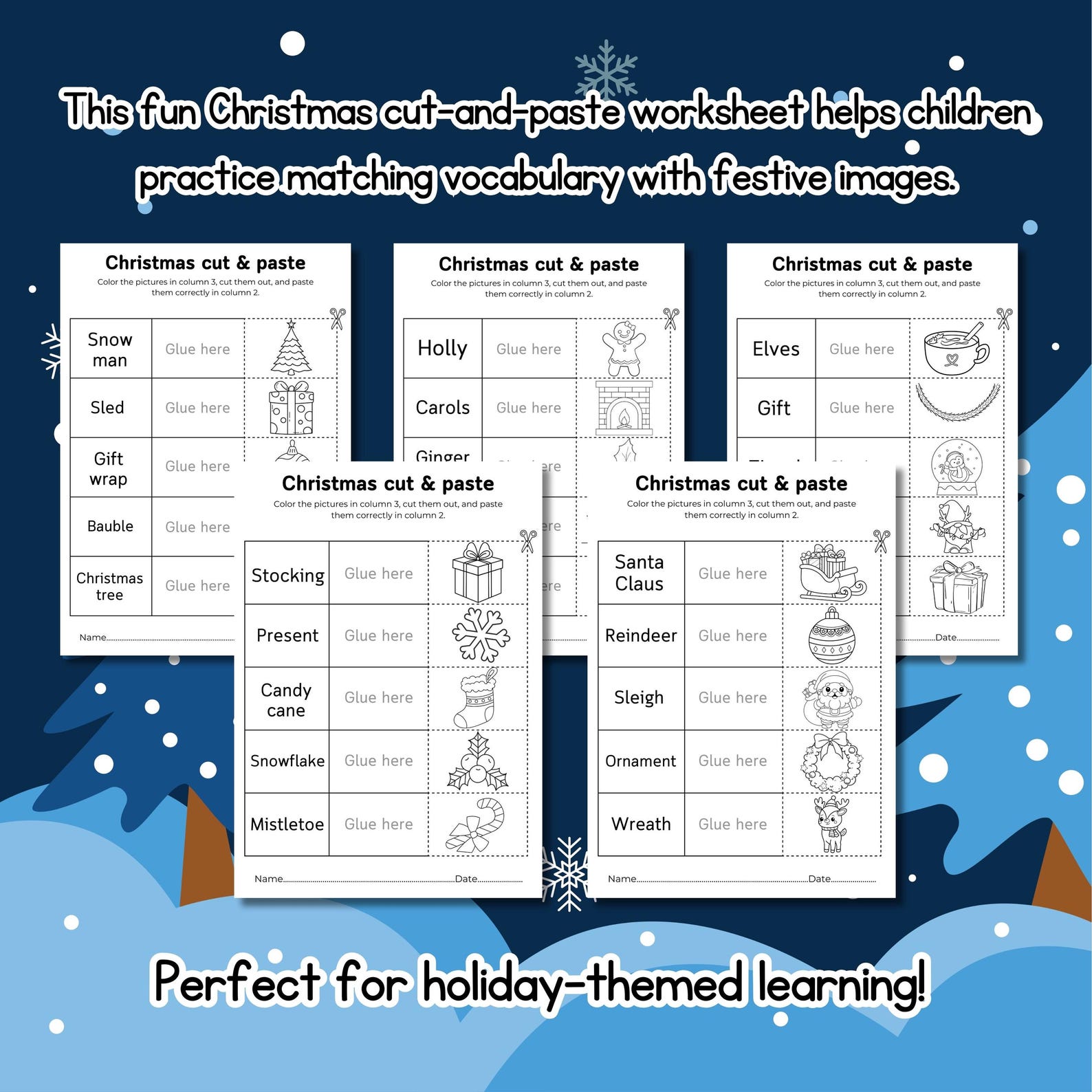Christmas Cut and Paste Worksheets for Kids, Vocabulary Practice ...