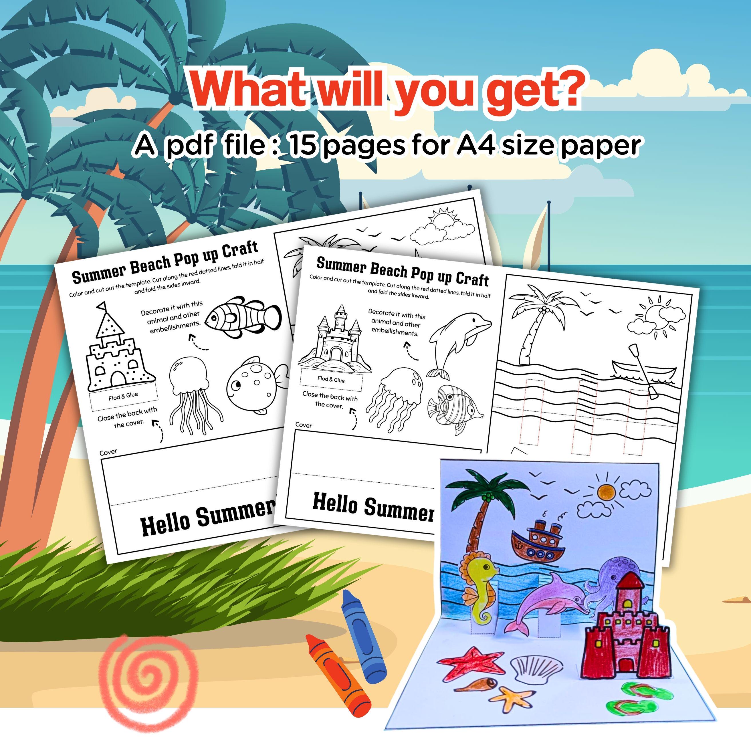 Summer Beach Pop-up Craft for Kids, Summer Coloring Activity, Beach ...