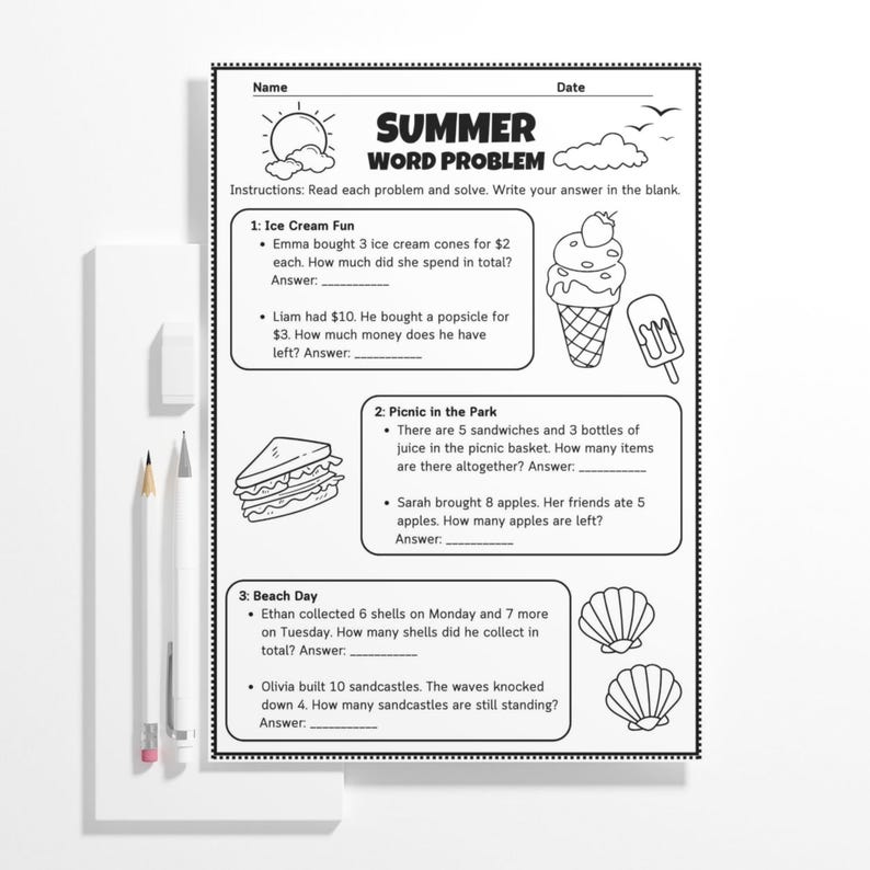 Summer Word Problem Worksheets for Grades 1–3, Math Practice With ...