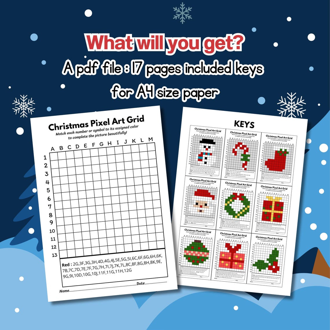 Christmas Pixel Art Grid for Kid, Christmas Grid, Art Printable, Kids ...