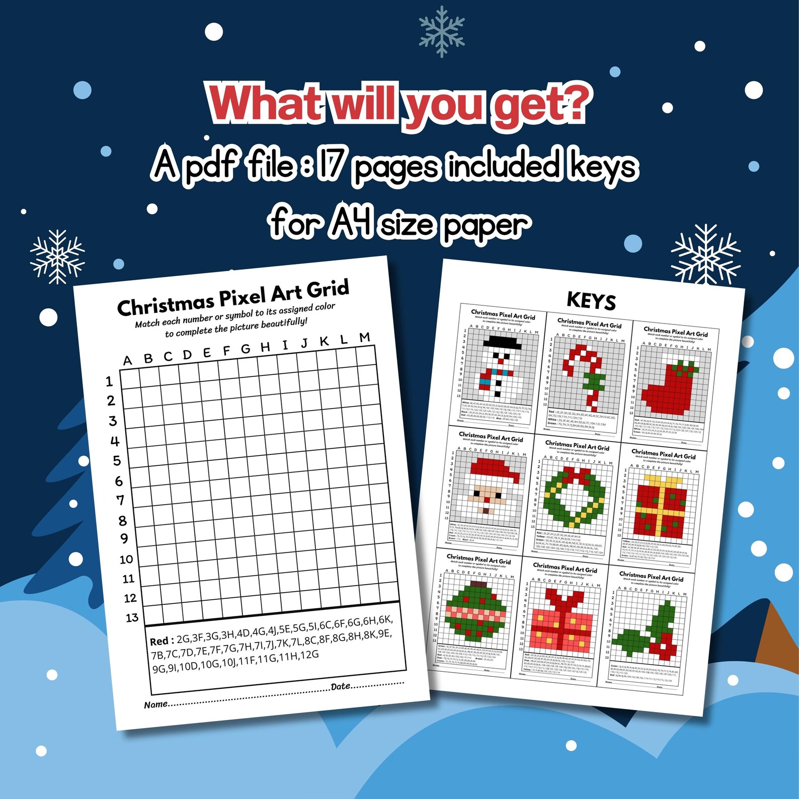 Christmas Pixel Art Grid for Kid, Christmas Grid, Art Printable, Kids ...