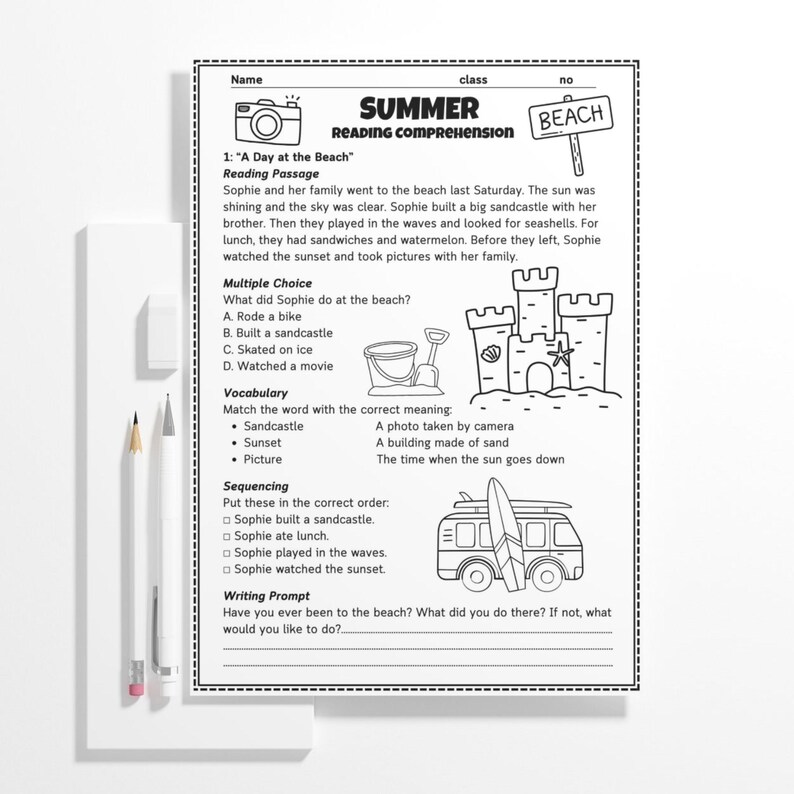 Summer Reading Comprehension Worksheet for Grades 2-6, Summer Actibity ...