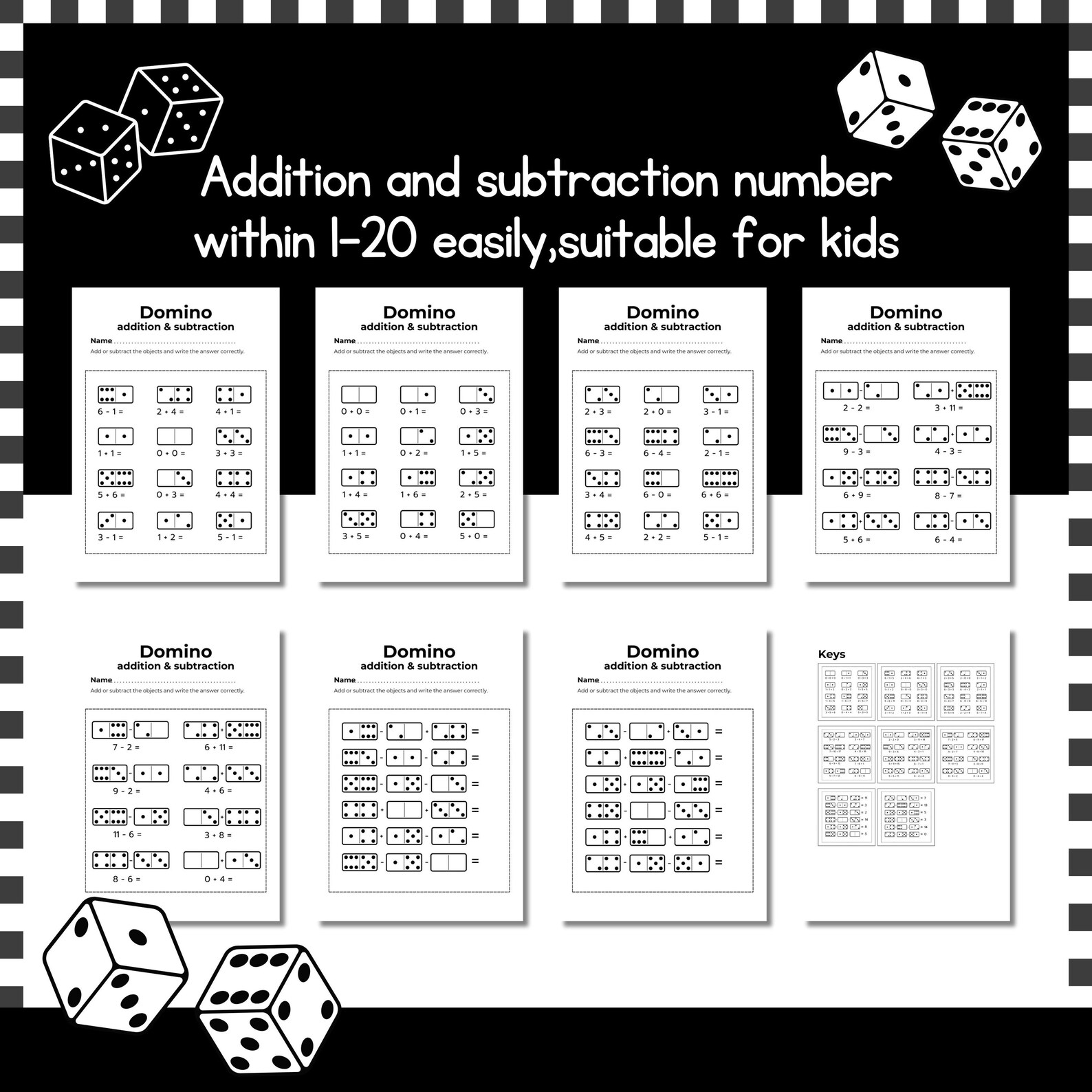 Domino Addition and Subtraction Worksheets for Kindergarten to 1st ...