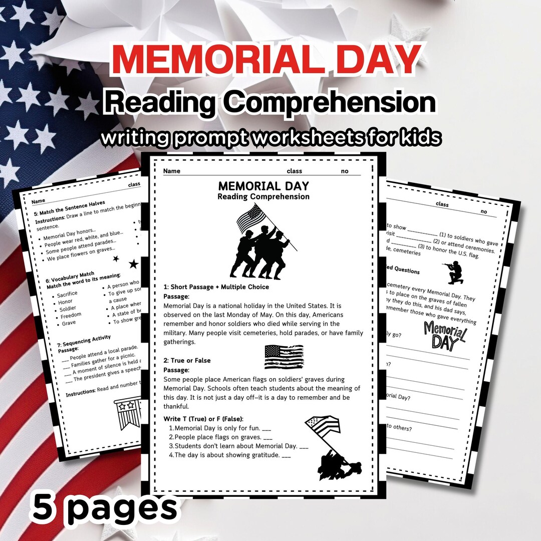 Memorial Day Reading Comprehension Worksheet: Grades 3-5 (PDF) - Etsy