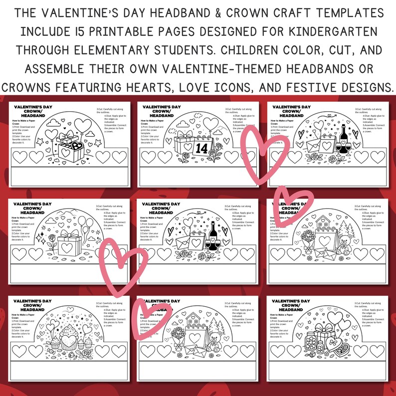 Valentine’s Day Headband & Crown Craft Templates, DIY Coloring Hats for ...