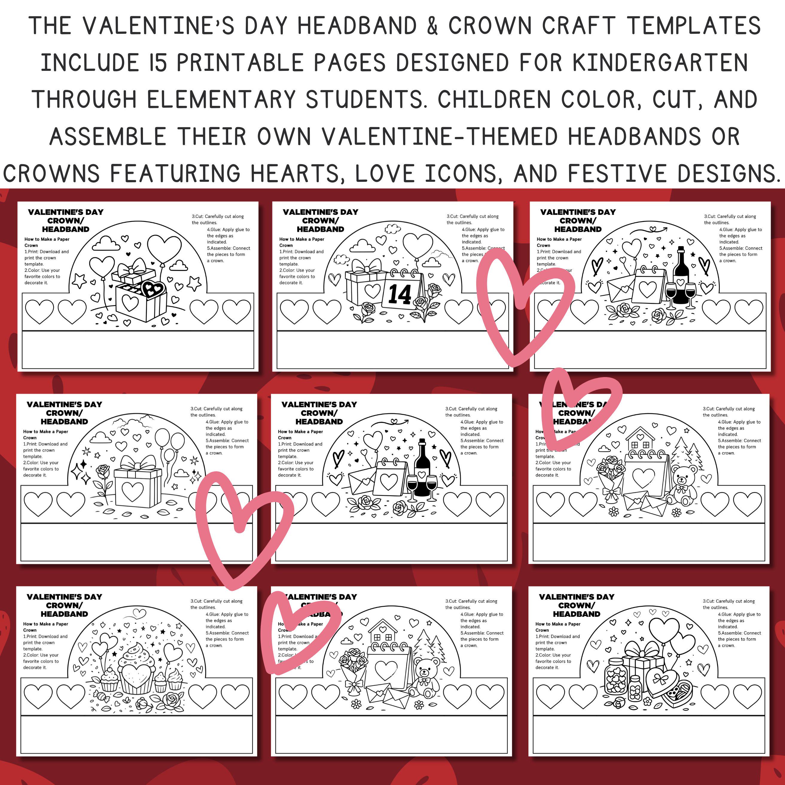 Valentine’s Day Headband & Crown Craft Templates, DIY Coloring Hats for ...
