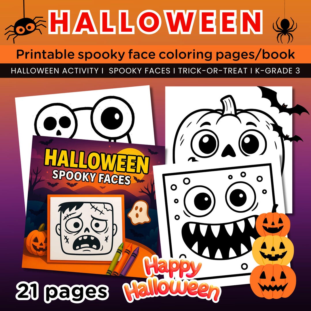 Halloween Spooky Face Coloring Pages & Book for Kids, Fun Spooky ...