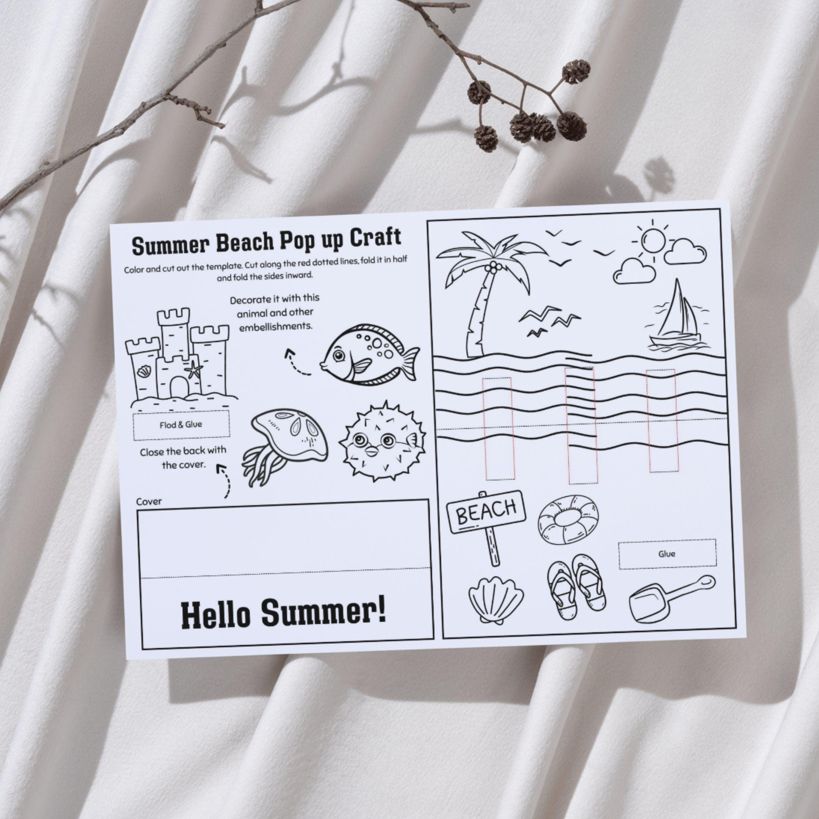Summer Beach Pop-up Craft for Kids, Summer Coloring Activity, Beach ...