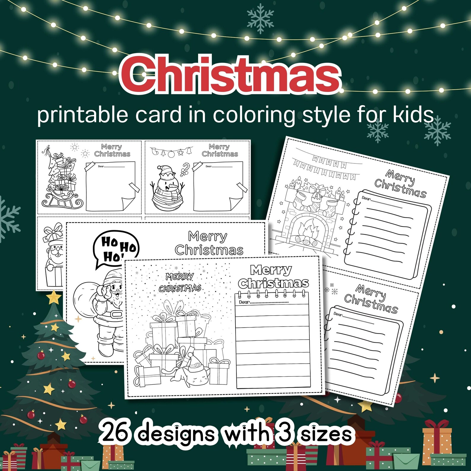 Printable Coloring Christmas Card for Kids, Coloring Page Style, Kids ...