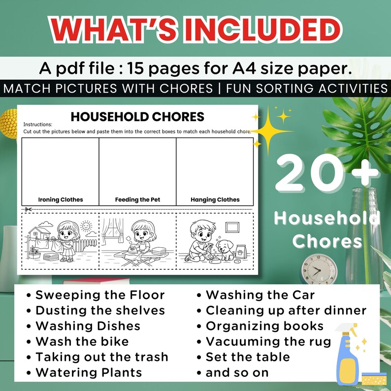 Household Chores Cut and Paste Activity, Match Pictures With Chores ...