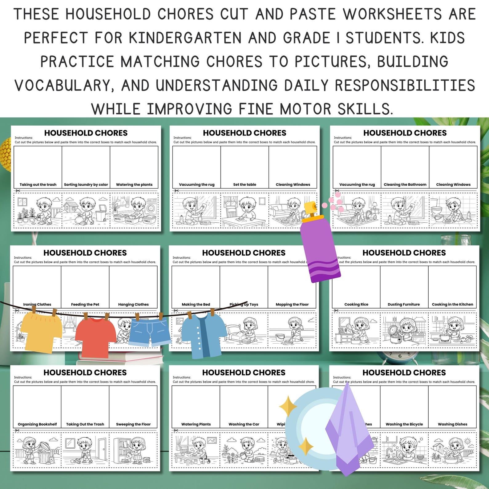 Household Chores Cut and Paste Activity, Match Pictures With Chores ...