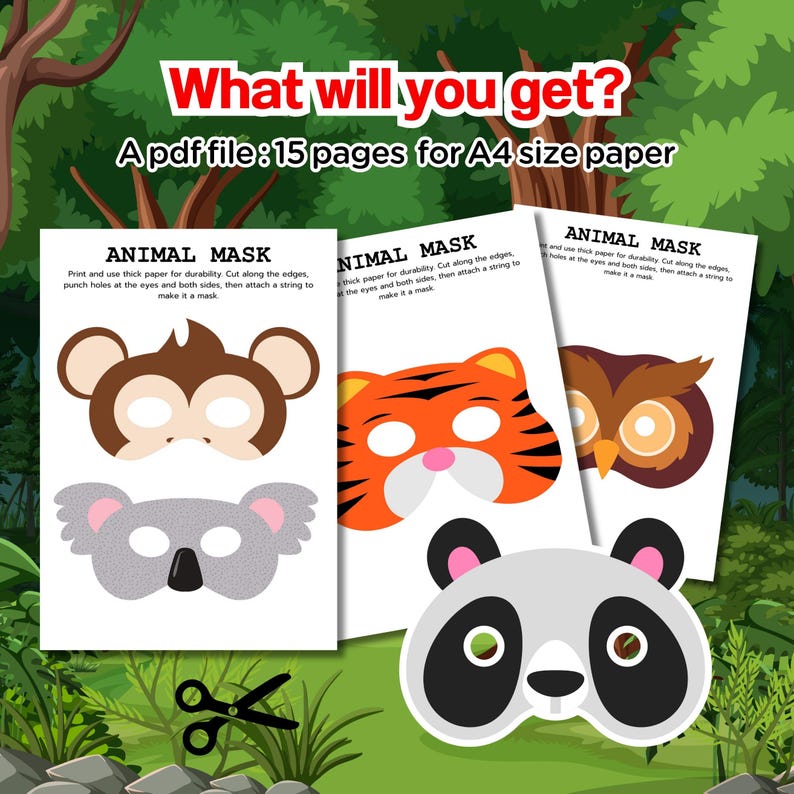Animal Mask Printable Craft for Kid's Party, DIY Printable Mask, Role ...