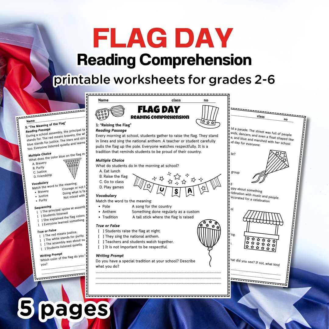 Flag Day Reading Comprehension Worksheet for Grades 2-6, Flag Day ...