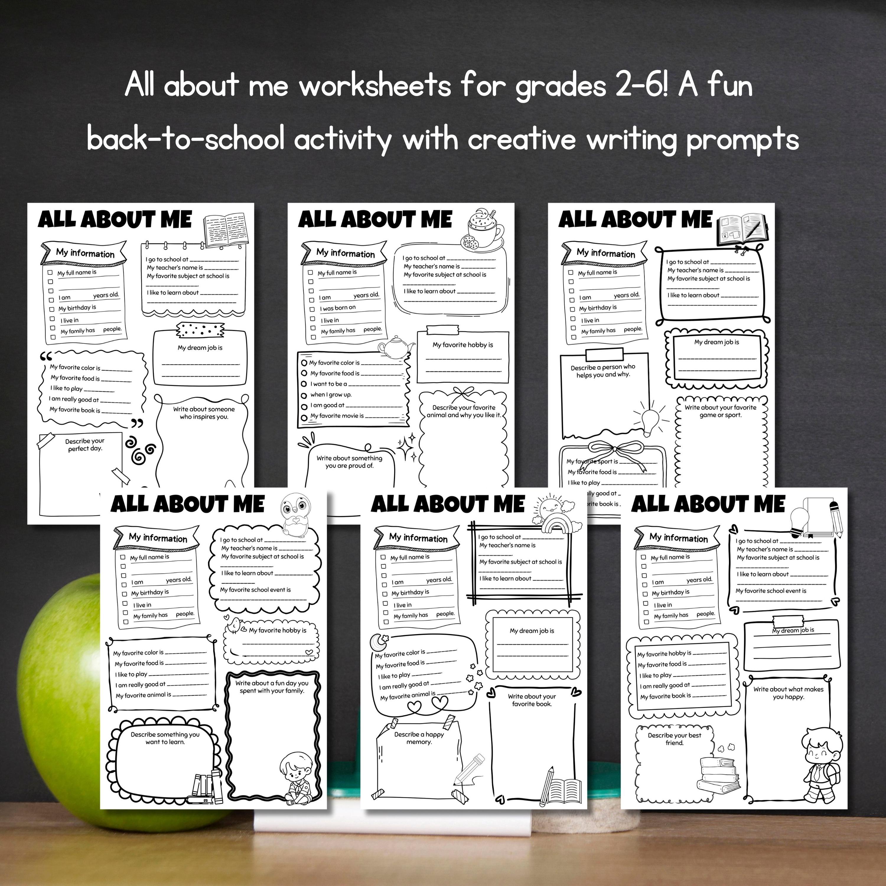 All About Me Writing Worksheets for Grades 2-6, Back to School Activity ...
