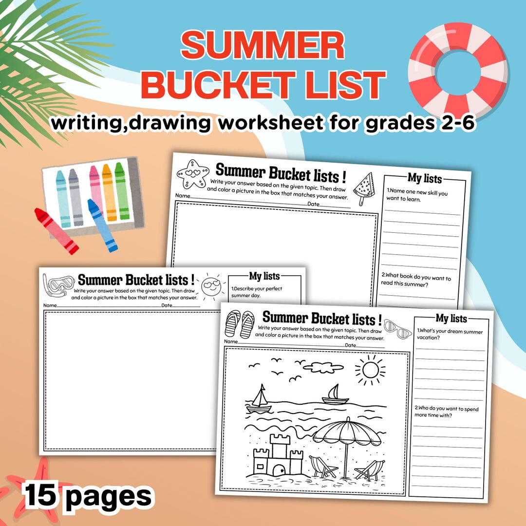 Summer Bucket List Worksheet for Grades 2-6, Creative Writing, Drawing ...