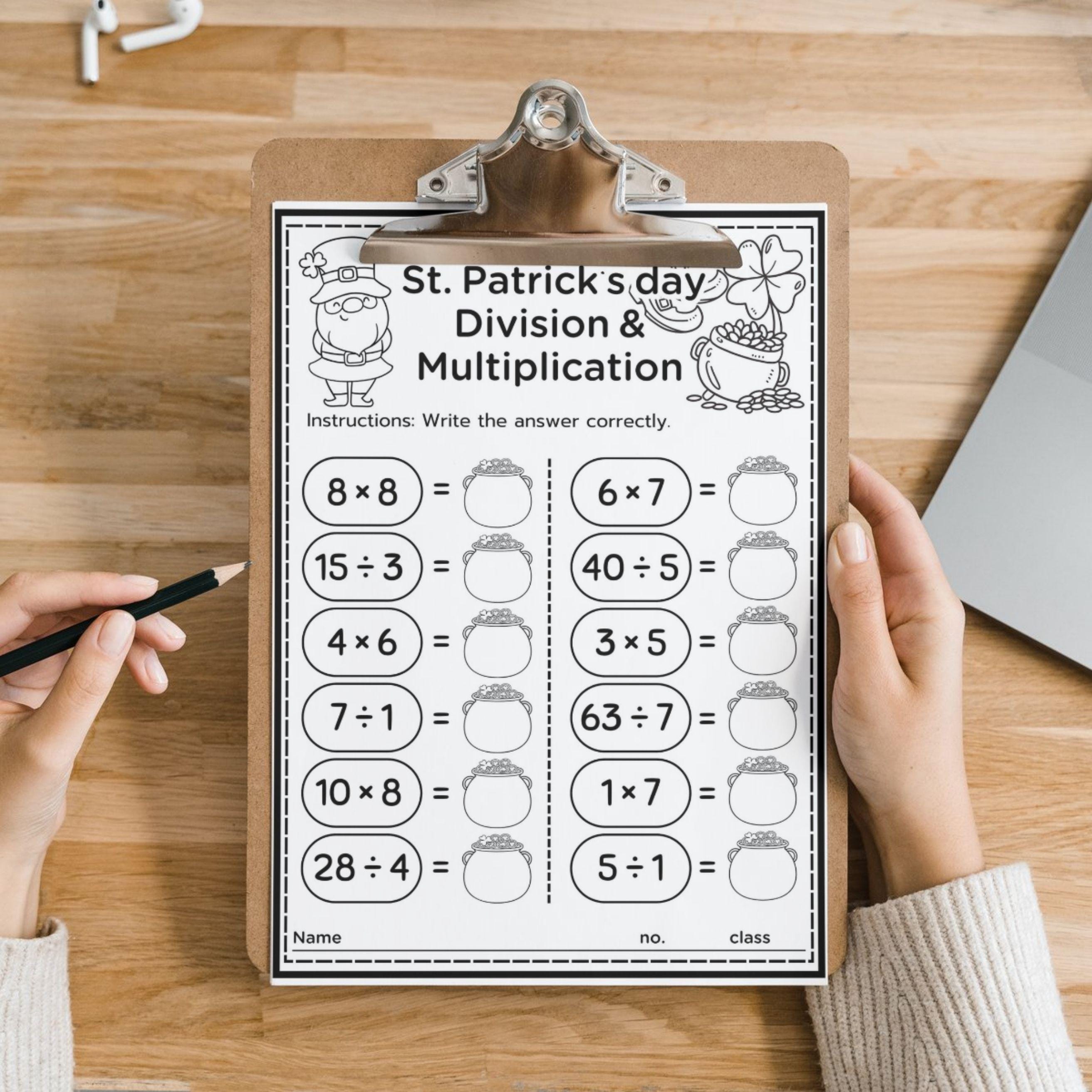 St. Patrick’s Day Division & Multiplication Worksheets for Grade 1st to ...