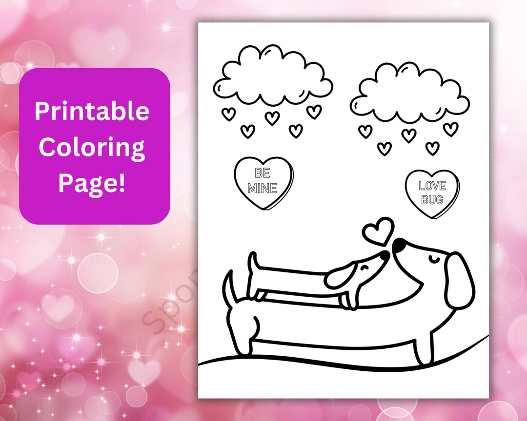 Valentines Dachshund Coloring Page Printable, Kids Valentines Coloring ...