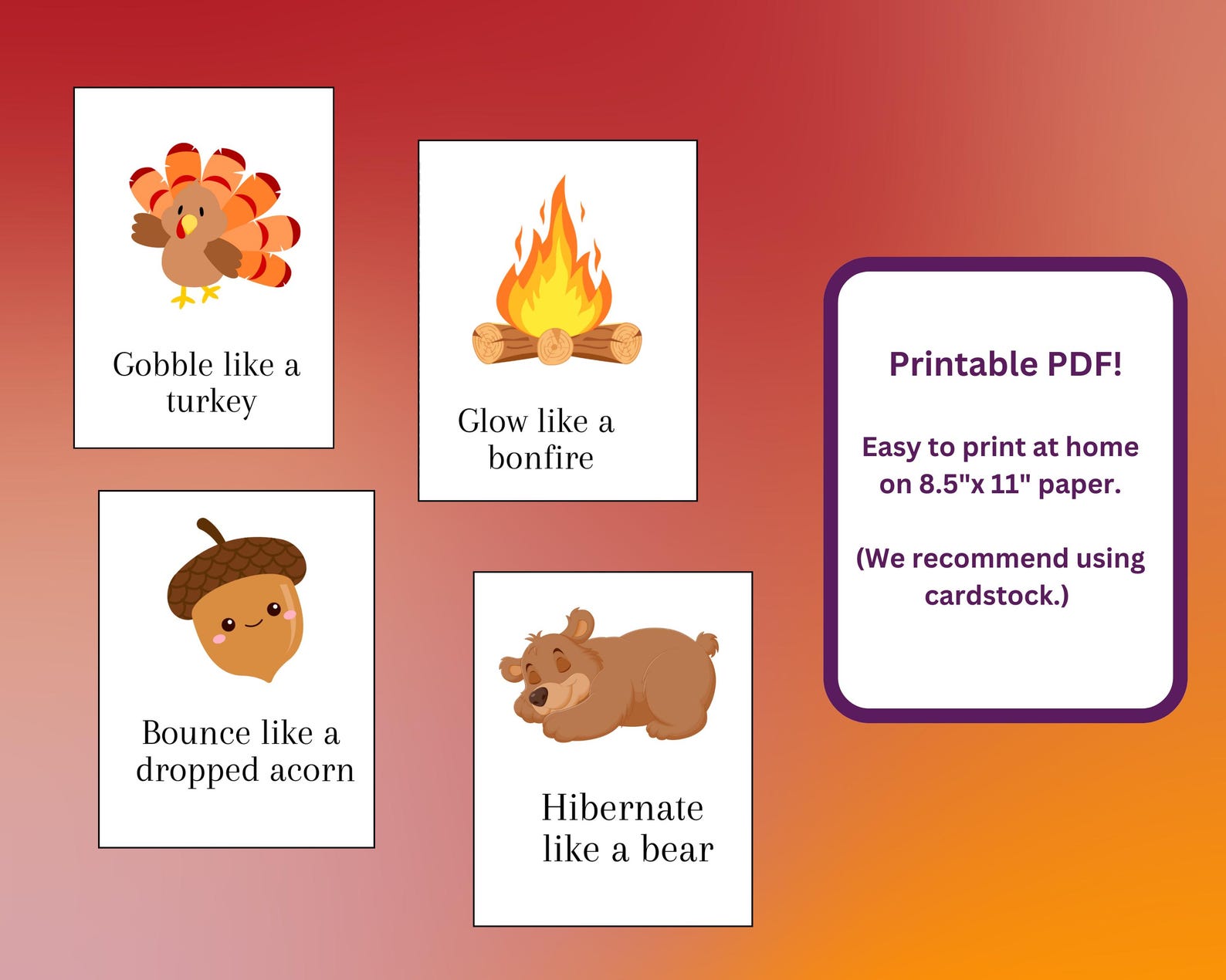 Fall Movement Cards Printable, Thanksgiving Activity Flashcards, Autumn ...
