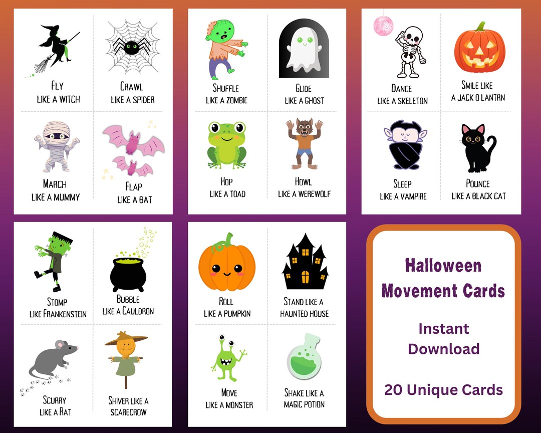 Halloween Movement Cards Printable, Halloween Movement Flashcards Download, Kids Halloween ...