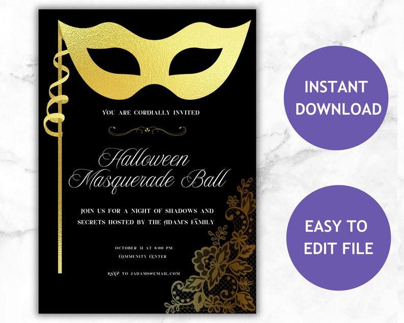 Editable Halloween Masquerade Ball Invitation: Gothic Costume Party ...