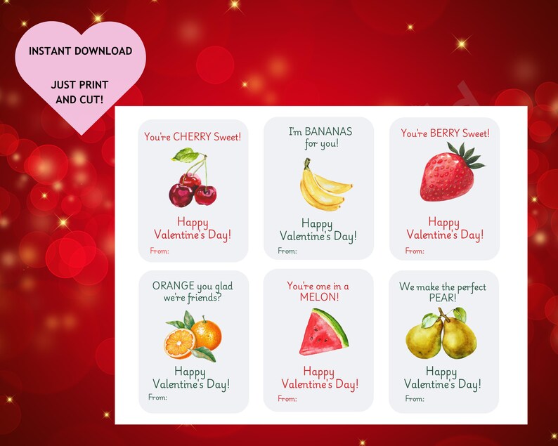 Printable Fruit Theme Valentines Cards, Cherry Valentines Printables ...