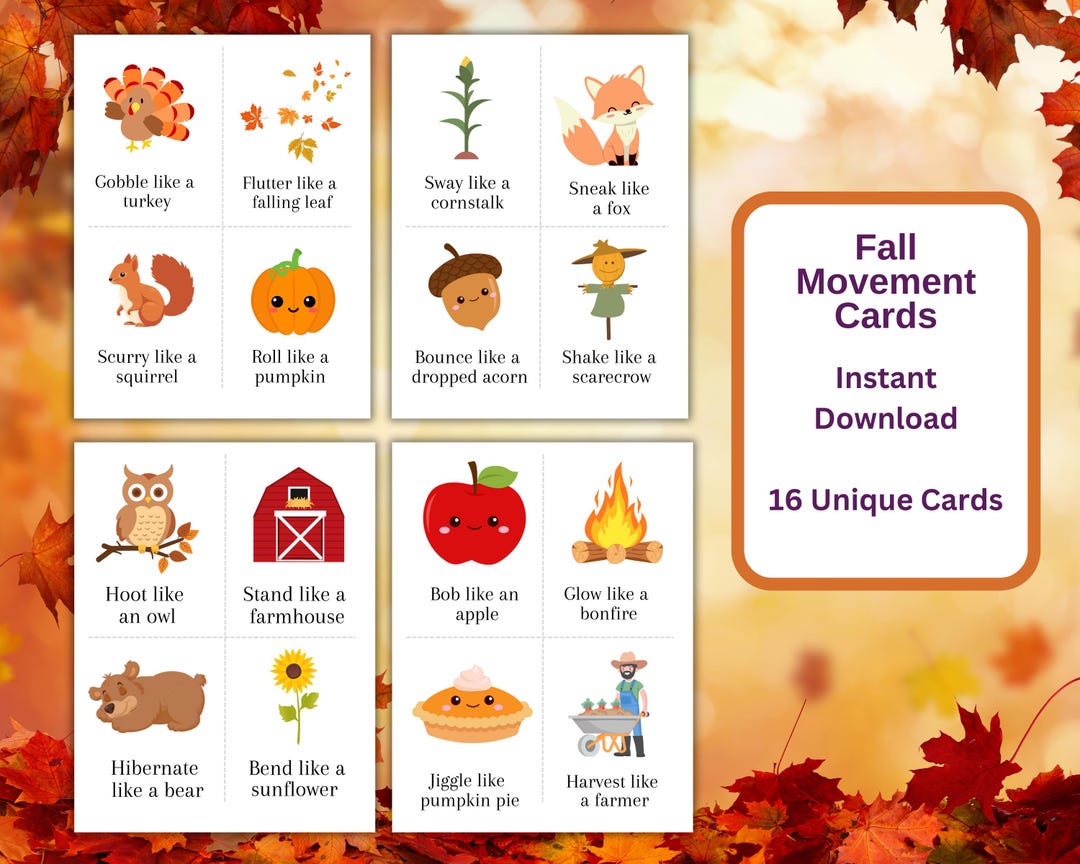 Fall Movement Cards Printable, Thanksgiving Activity Flashcards, Autumn ...