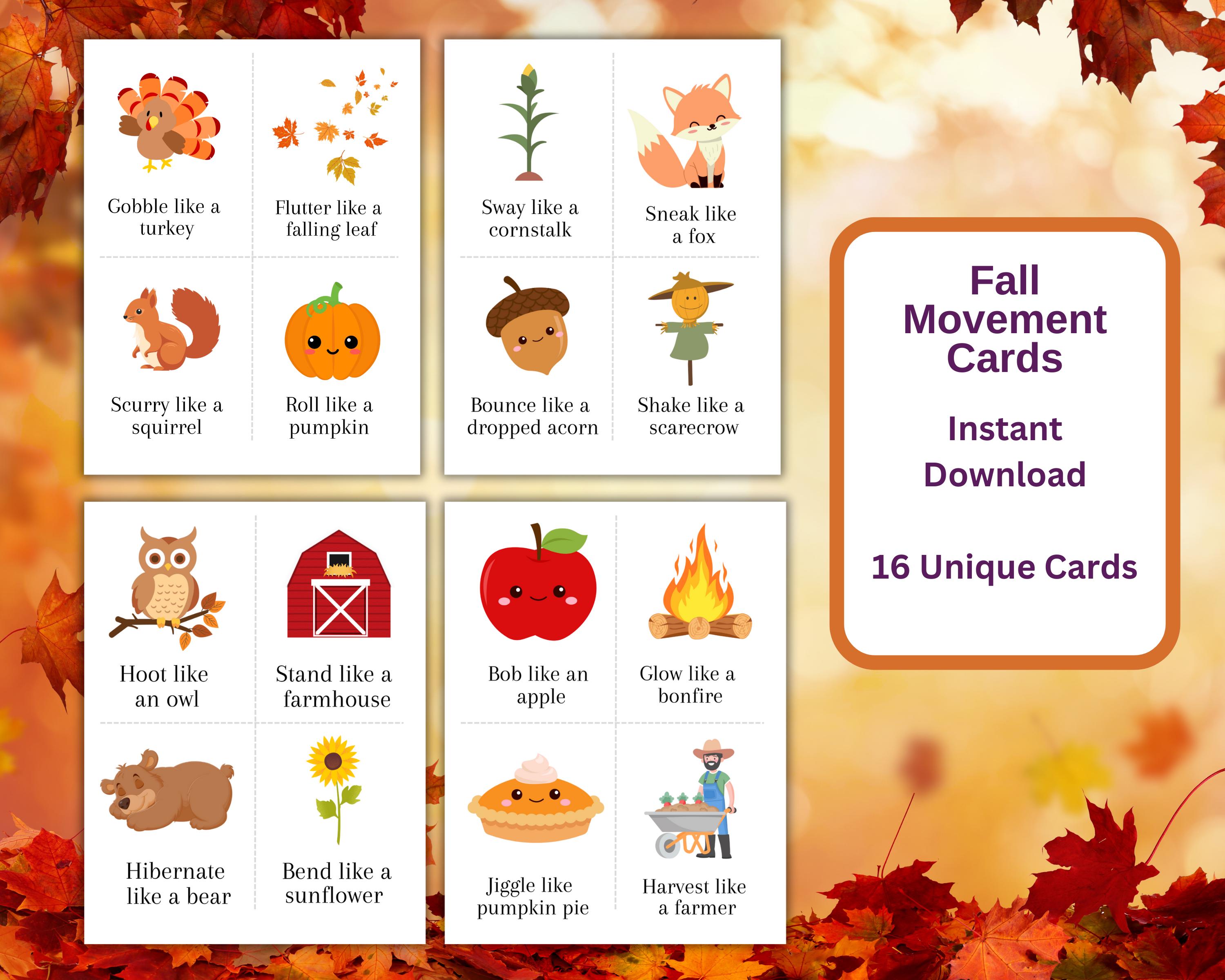 Fall Movement Cards Printable, Thanksgiving Movement Flashcards ...