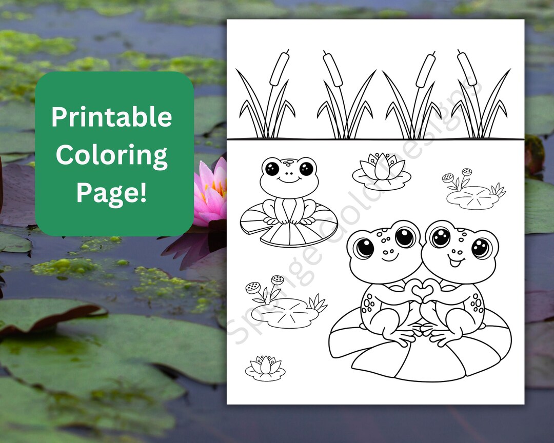 Frog Coloring Page, Cute Pond Scene With Frogs & Lily Pads, Printable ...