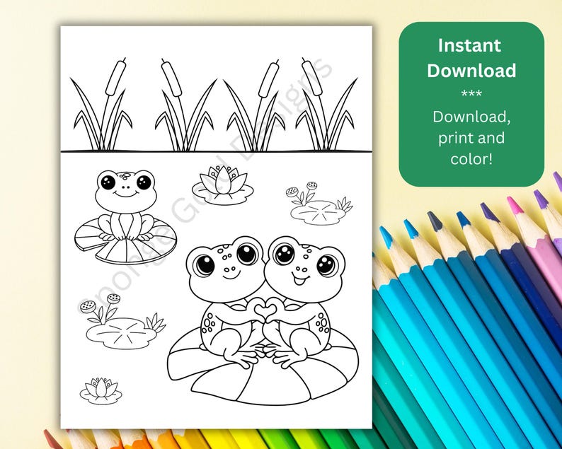 Frog Coloring Page, Cute Pond Scene With Frogs & Lily Pads, Printable ...