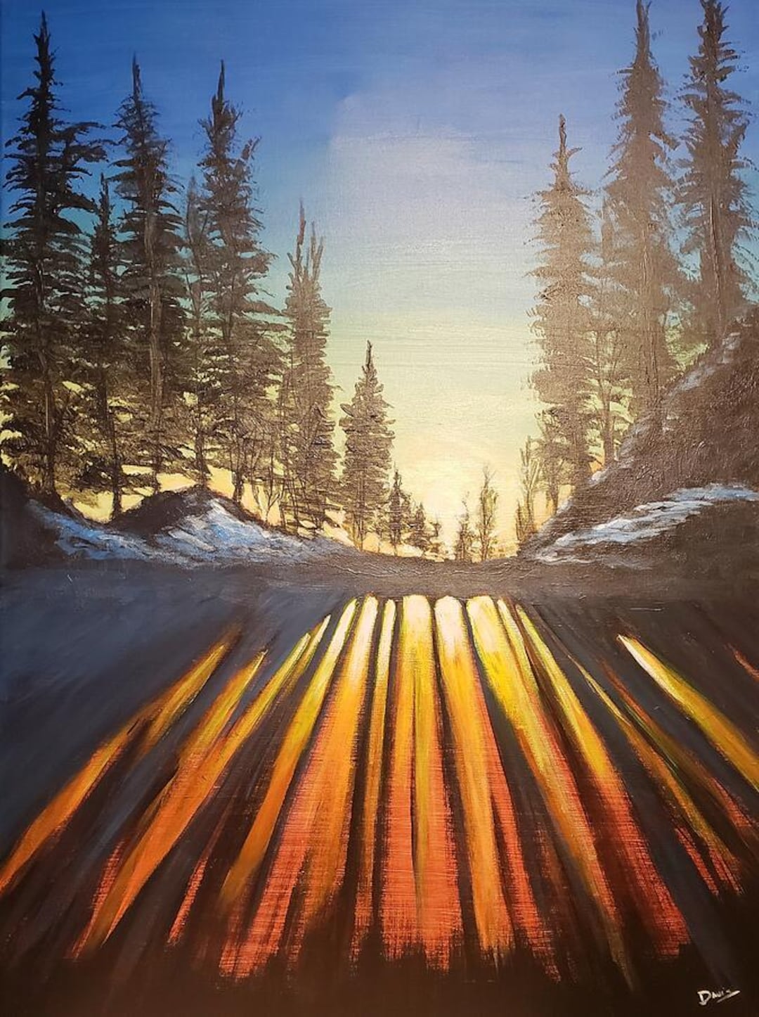 Acrylic Painted Landscape With Trees, Shadows at Sunset. Winter - Etsy