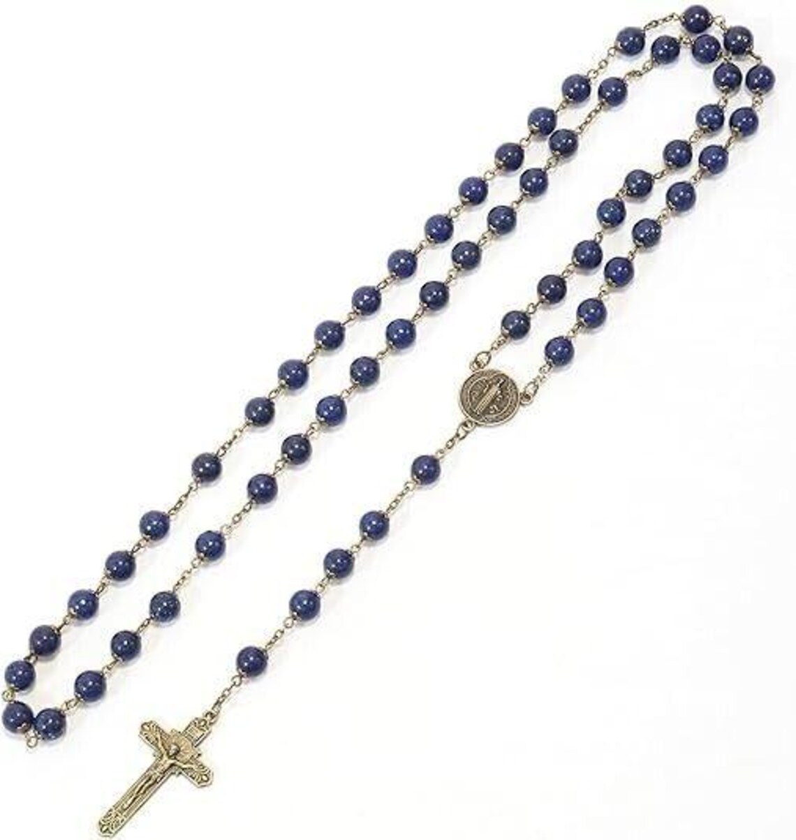 St. Benedict Lapis Lazuli Blue Stone Beads Rosary Antique Bronze Saint ...