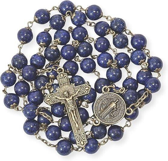 St. Benedict Lapis Lazuli Blue Stone Beads Rosary Antique Bronze Saint ...