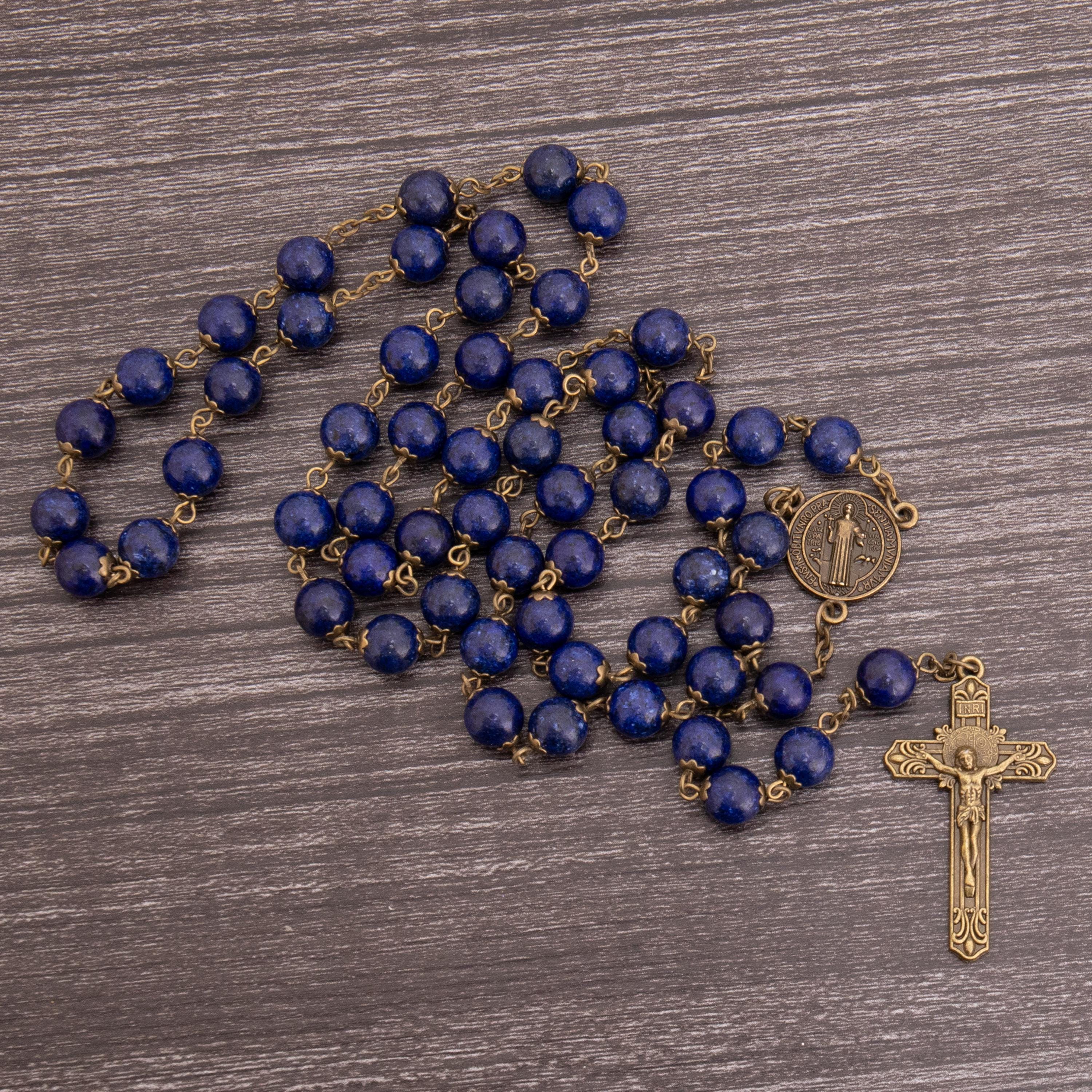 St. Benedict Lapis Lazuli Blue Stone Beads Rosary Antique Bronze Saint ...