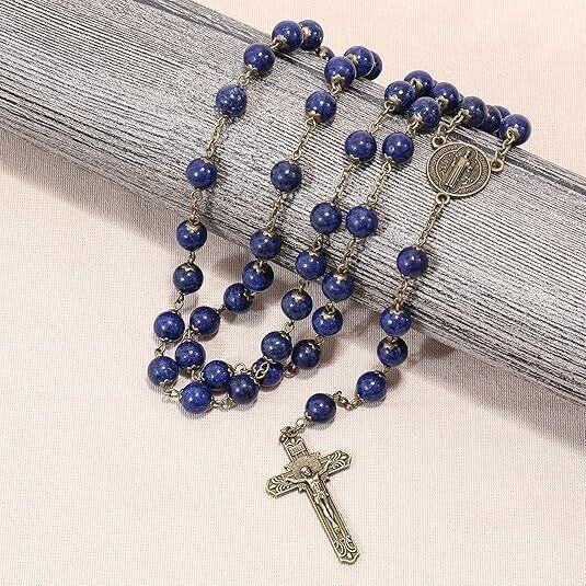 St. Benedict Lapis Lazuli Blue Stone Beads Rosary Antique Bronze Saint ...