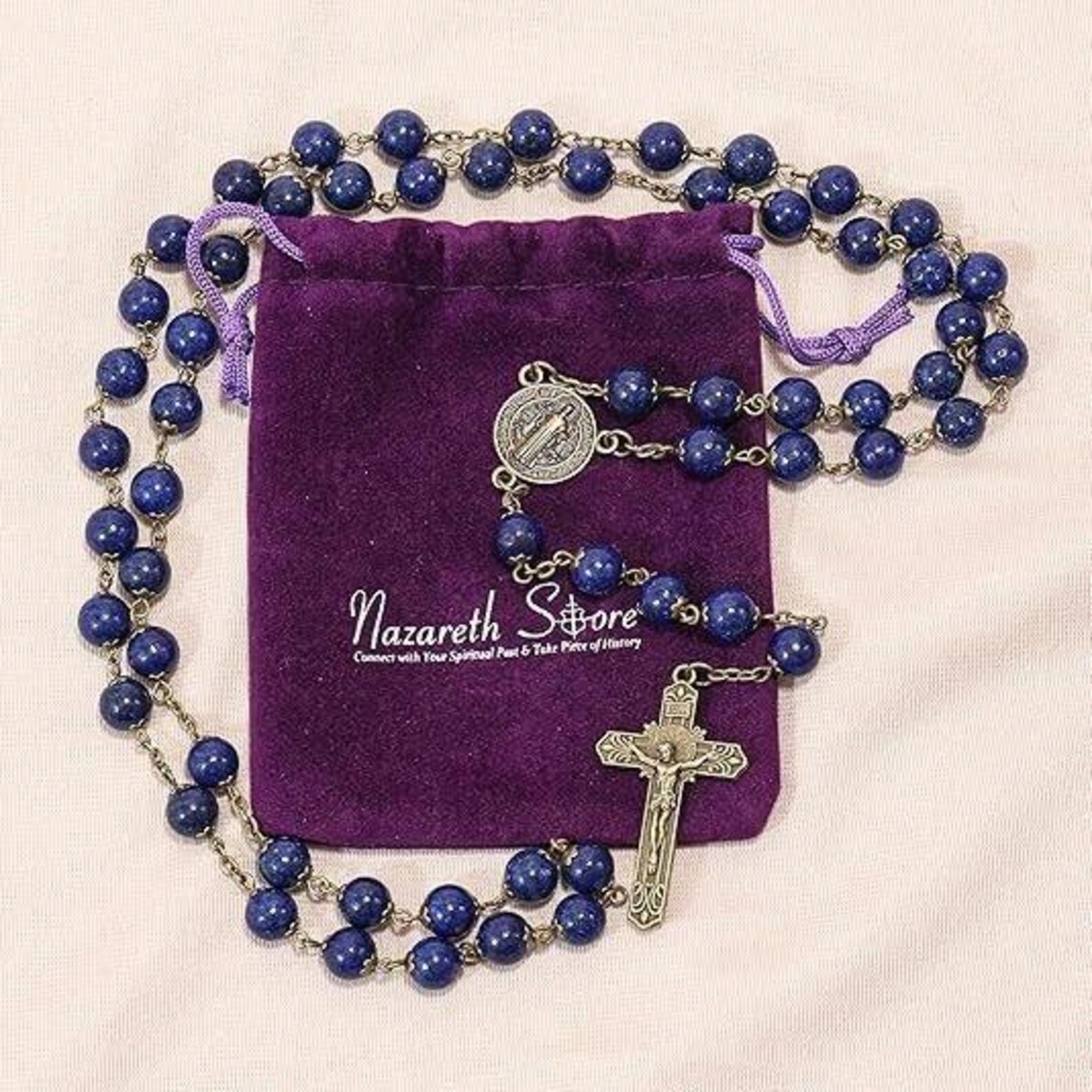 St. Benedict Lapis Lazuli Blue Stone Beads Rosary Antique Bronze Saint ...