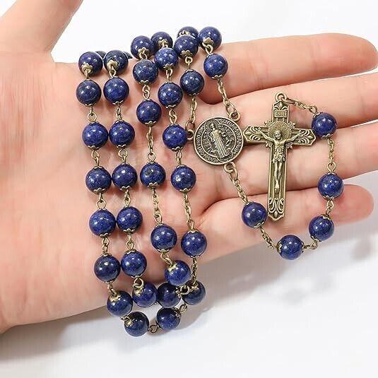 St. Benedict Lapis Lazuli Blue Stone Beads Rosary Antique Bronze Saint ...