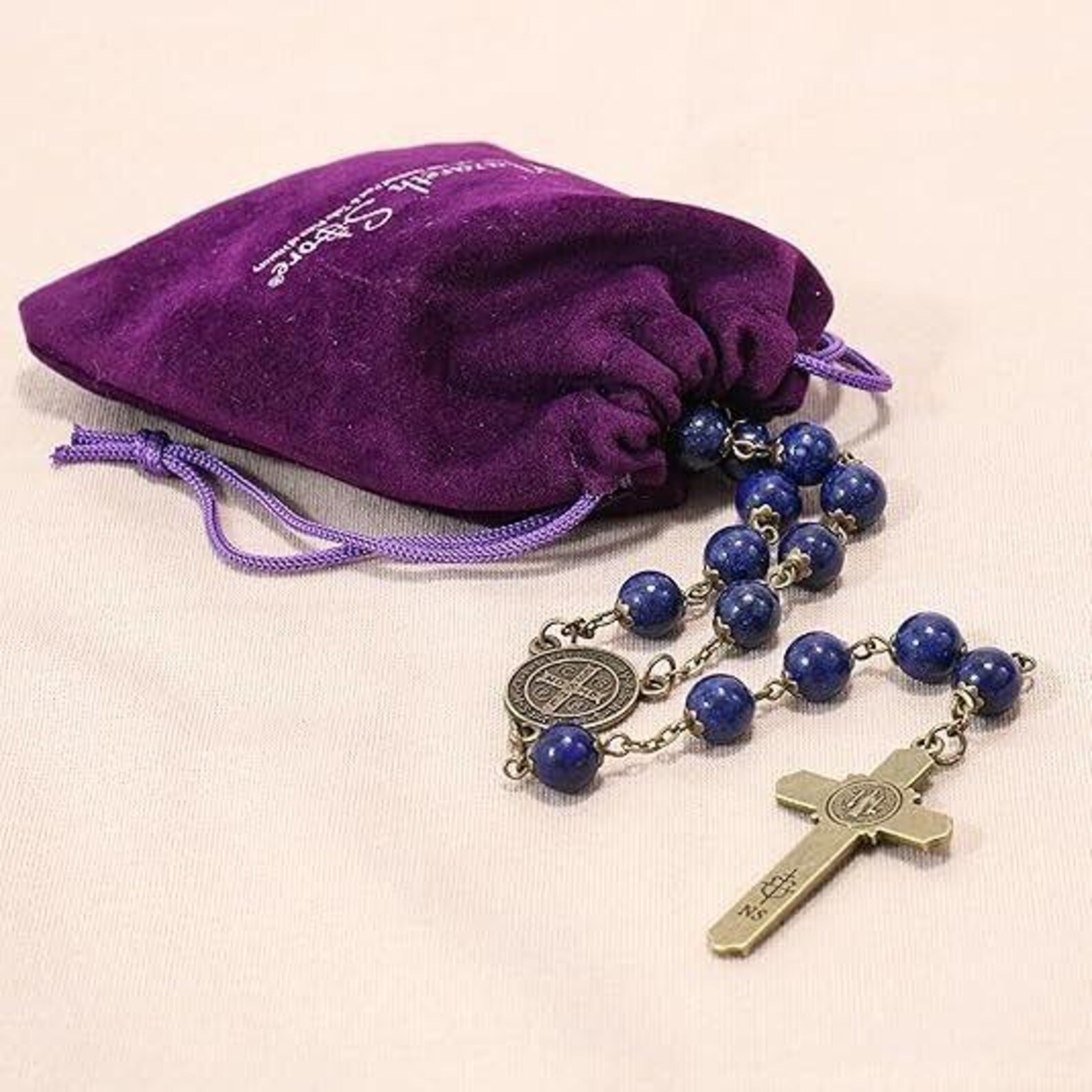 St. Benedict Lapis Lazuli Blue Stone Beads Rosary Antique Bronze Saint ...