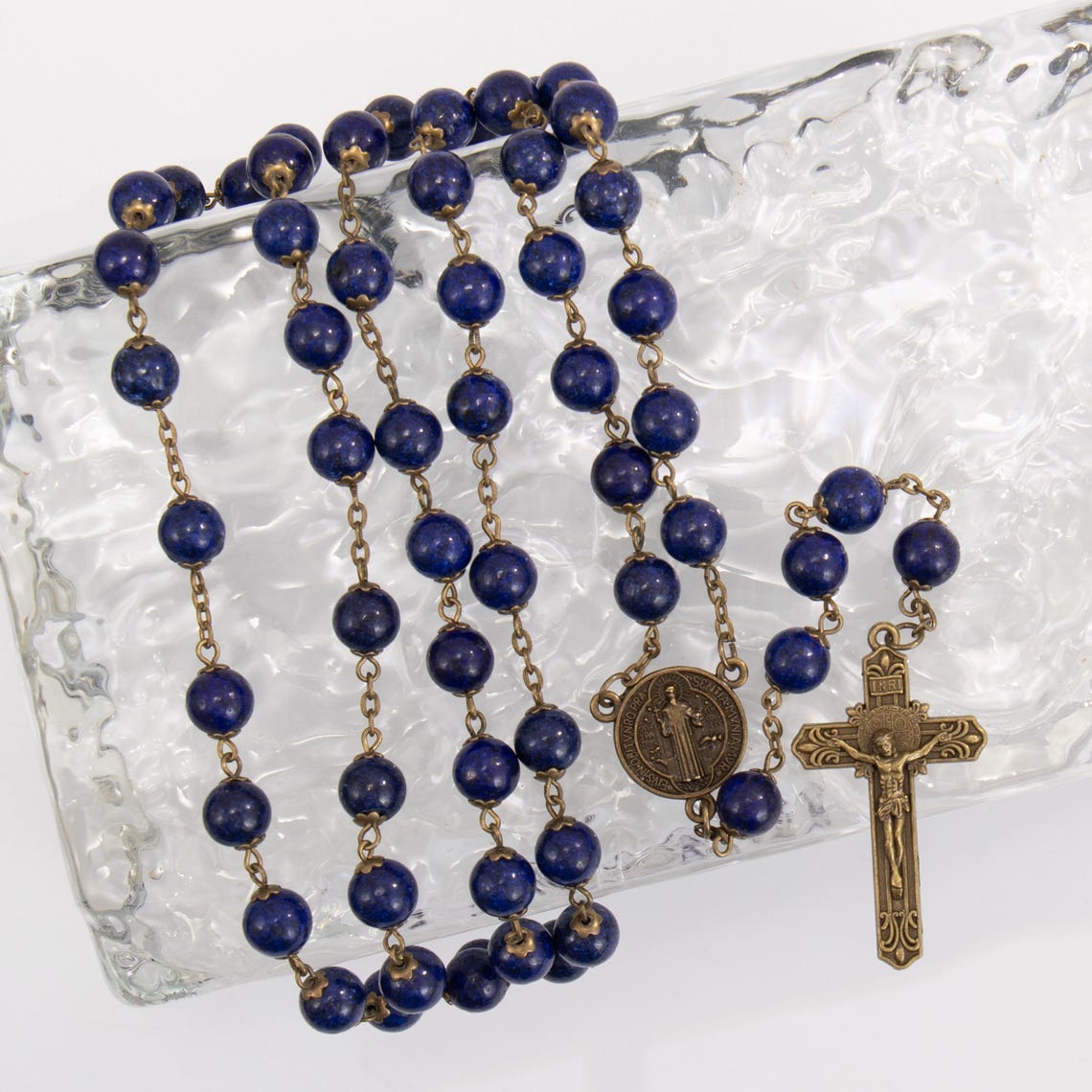St. Benedict Lapis Lazuli Blue Stone Beads Rosary Antique Bronze Saint ...