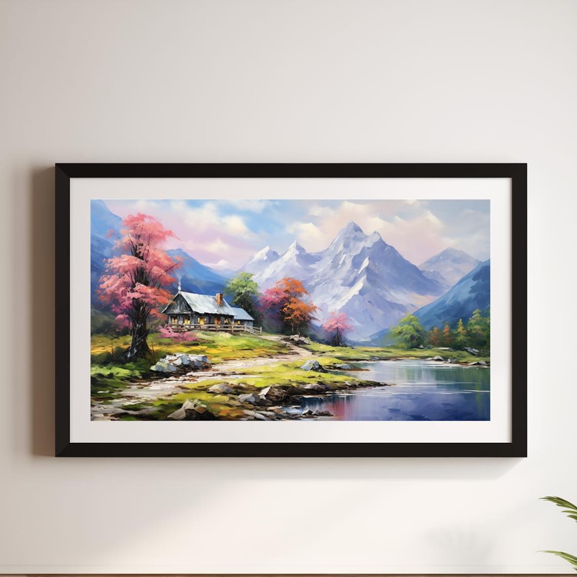 Cabin River With Trees and Mountains Oil Painting - Etsy