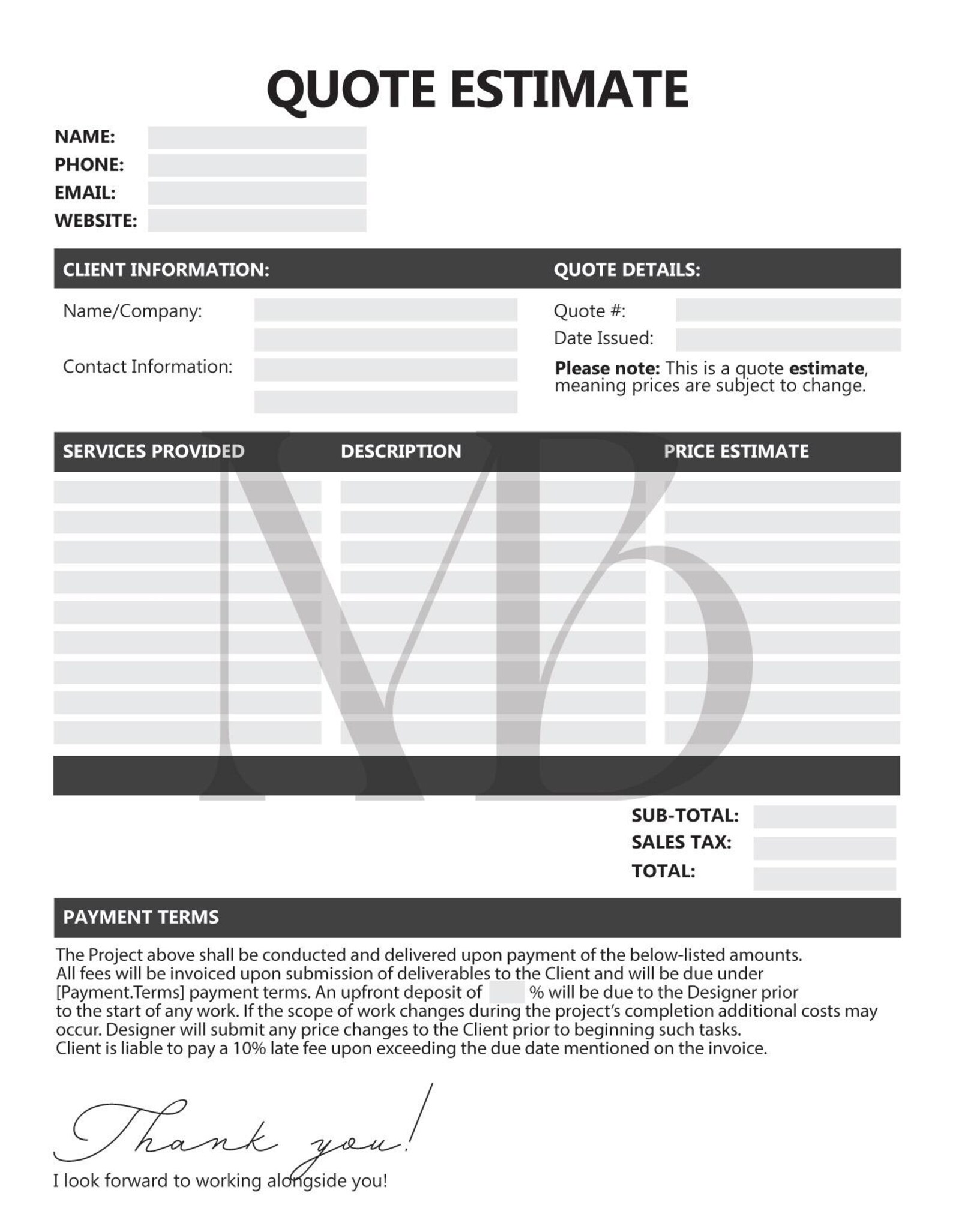 Quote Estimate - Fillable PDF - Etsy