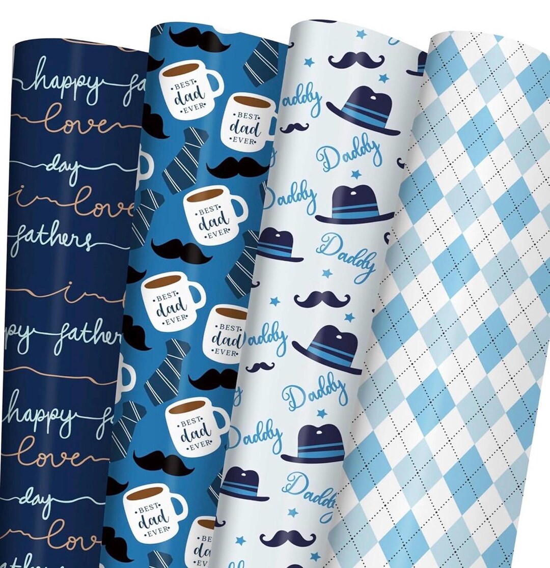 Father's Day 4 Pack Wrapping Paper Blue Gift Wrap for Men With Happy ...