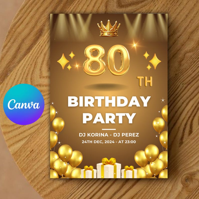 Editable Gold 80th Birthday Invitation, Crown Birthday Party Invite ...