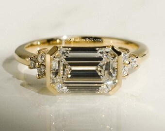 East West Emerald Cut Engagement Ring Bezel Set Moissanite Ring 2.00 ...