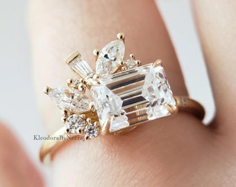 East West Emerald Cut Engagement Ring Bezel Set Moissanite Ring 2.00 ...