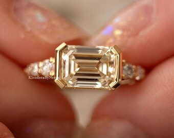 East West Emerald Cut Engagement Ring Bezel Set Moissanite Ring 2.00 ...