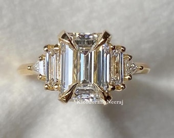 Cluster Moissanite Unique Engagement Ring Emerald Cut Moissanite Ring 2 ...