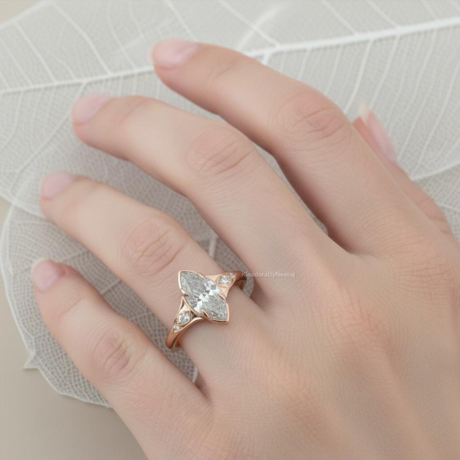Marquise Shape Moissanite Ring/ Three Stone Moissanite Ring/ Grey ...