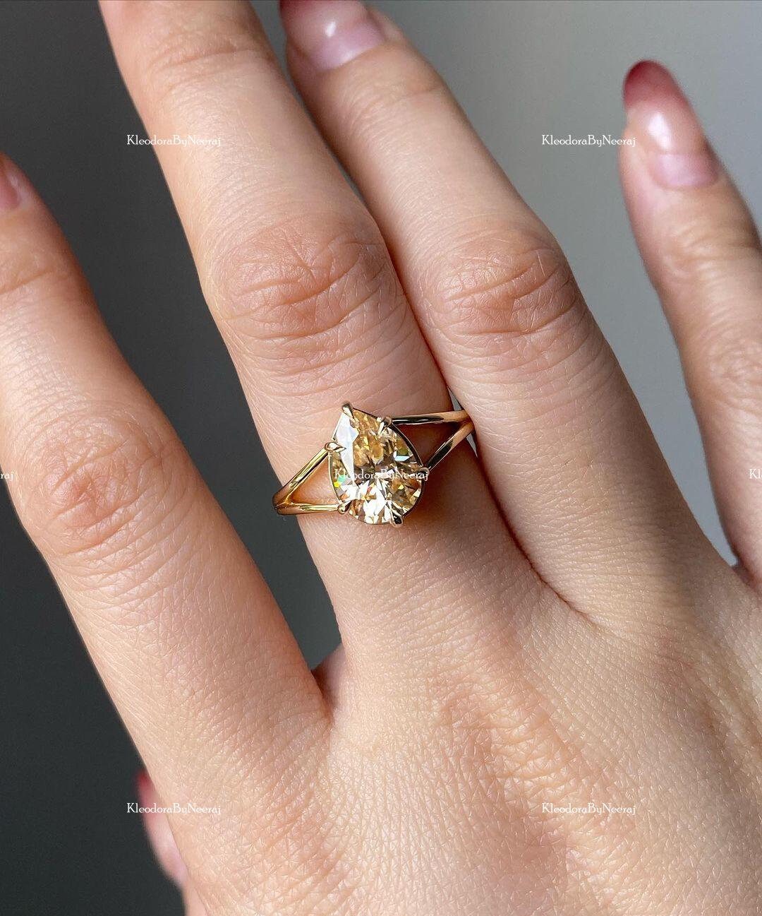 3.00 Ct Pear Cut Champagne Diamond Ring Pear Champagne Moissanite Ring ...