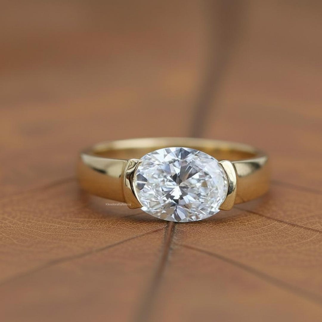 East-west Oval Cut Half Bezel Set Ring 1.50 CT Oval Moissanite Ring ...