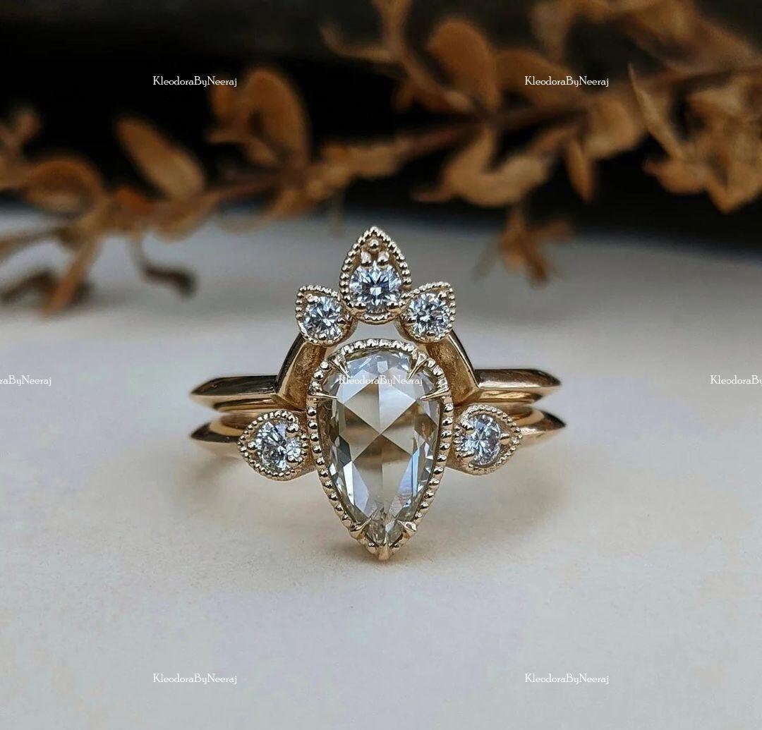 Filigree Bezel Set Moissanite Ring Set 2.20 CTW Pear Rose Cut Diamond ...